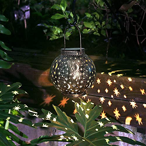 Esgarden 2 Pcs Solar Outdoor Lantern Star Moon Halloween Decorative Hanging Lanterns Light Outside Patio Table Lamp Metal Waterproof Garden Courtyard Walkway Terrace Lawn Gift Halloween Bronze