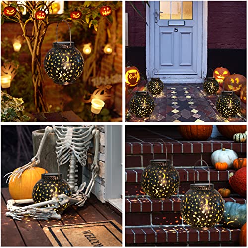 Esgarden 2 Pcs Solar Outdoor Lantern Star Moon Halloween Decorative Hanging Lanterns Light Outside Patio Table Lamp Metal Waterproof Garden Courtyard Walkway Terrace Lawn Gift Halloween Bronze