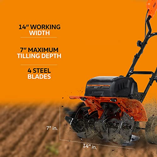 SuperHandy Tiller Cultivator Rototiller Electric Portable 40V 14" Inch Tilling Width 4 Premium Steel Adjustable for Garden & Lawn, Digging, Weed Removal & Soil Cultivation with Extra Battery