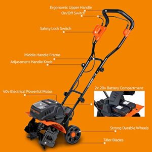 SuperHandy Tiller Cultivator Rototiller Electric Portable 40V 14" Inch Tilling Width 4 Premium Steel Adjustable for Garden & Lawn, Digging, Weed Removal & Soil Cultivation with Extra Battery