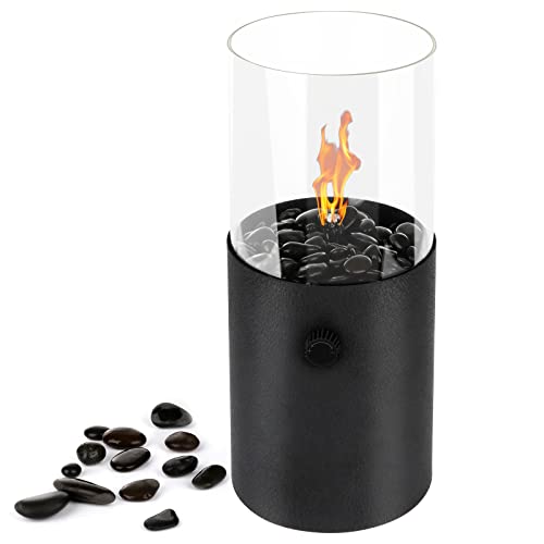 Portable Tabletop Fireplace Small Propane Fire Pit, Outdoor 6.3 Inch Round Iron Sheet Tabletop Gas Firebowl, with Clear Heat-Resistant Glass and are Many Pebbles, for Garden, Pool, Patio