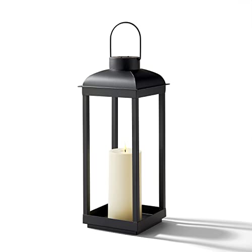 Outdoor Candle Lantern, Large - 18 Inch Tall, Solar Powered, Black Metal, Open Frame (No Glass), Dusk to Dawn Timer, Decorative LED Lantern Lights for Front Porch, Garden or Patio Decor