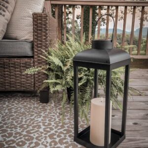 Outdoor Candle Lantern, Large - 18 Inch Tall, Solar Powered, Black Metal, Open Frame (No Glass), Dusk to Dawn Timer, Decorative LED Lantern Lights for Front Porch, Garden or Patio Decor