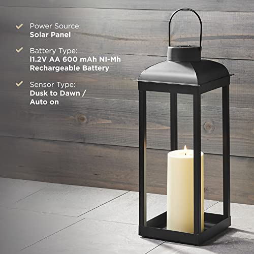 Outdoor Candle Lantern, Large - 18 Inch Tall, Solar Powered, Black Metal, Open Frame (No Glass), Dusk to Dawn Timer, Decorative LED Lantern Lights for Front Porch, Garden or Patio Decor