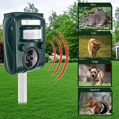 AMERFIST Solar Animal Repeller, 2021 Ultrasonic Mole Repellent, Rat, Squirrel, Deer, Raccoon, Skunk, Rabbit, Mole, Dog, Cat, Waterproof with Motion Detector, USB Rechargeable, Flashing Light (Green)