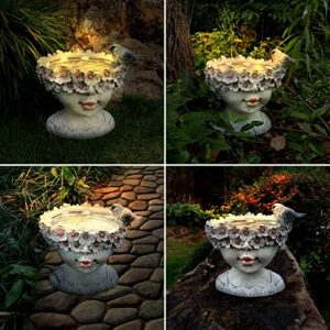 SJC Solar Garden Statues Garden Decor Flower Pot Bird Feeder with Lights,Solar Outdoor Lights,Waterproof Resin Sculpture Garden Decoration for Patio,Lawn,Yard,Home