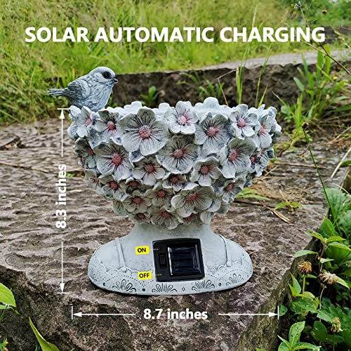 SJC Solar Garden Statues Garden Decor Flower Pot Bird Feeder with Lights,Solar Outdoor Lights,Waterproof Resin Sculpture Garden Decoration for Patio,Lawn,Yard,Home