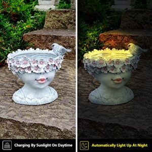 SJC Solar Garden Statues Garden Decor Flower Pot Bird Feeder with Lights,Solar Outdoor Lights,Waterproof Resin Sculpture Garden Decoration for Patio,Lawn,Yard,Home