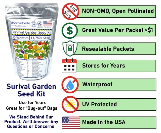 Survival Garden Seed Kit - 40 Varieties, 14,750+ Non-GMO Open Pollinated Seeds Heirloom Survival Seed Kit - Hoochadoodle Seed Company