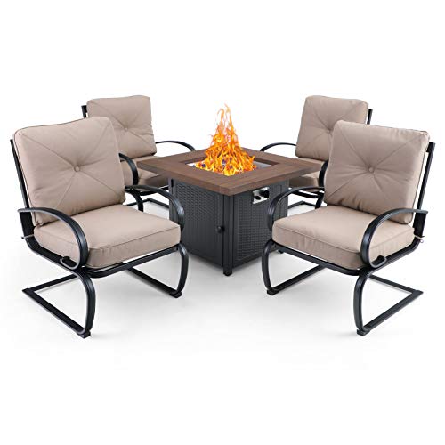 PHI VILLA Patio Furniture Set with Gas Fire Pit Table and 4 Spring Motion Cushion Chairs, Square Fire Table with Fire Glass for Outside, Heavy Duty Frame, 34 inch (Beige)