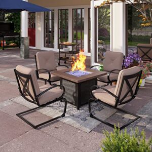 PHI VILLA Patio Furniture Set with Gas Fire Pit Table and 4 Spring Motion Cushion Chairs, Square Fire Table with Fire Glass for Outside, Heavy Duty Frame, 34 inch (Beige)