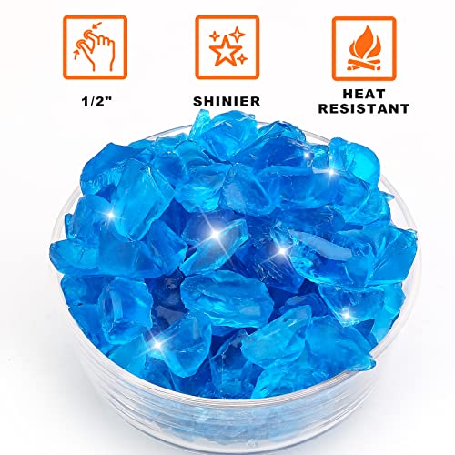 Utheer Caribbean Blue Fire Pit Glass, 1/2 Inch Reflective Fire Glass for Fire Pit, Fire Pit Glass Rocks Safe for Outdoors and Indoors Gas Firepit, 10 Pounds