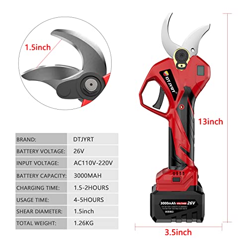 DTJYRT Electric Pruning Shears Cordless Professional Portable Branch Cutter Electric Pruner with 2 PSC Rechargeable 3Ah Lithium Battery 1.38Inch(35MM) Cutting Diameter, 4-6 Working Hours