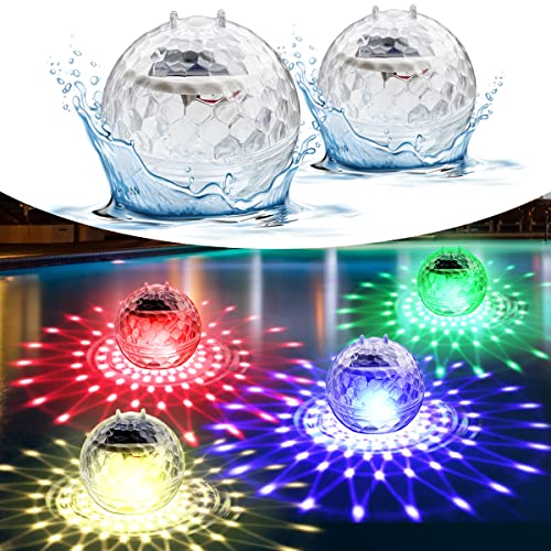 Floating Pool Lights, Solar Pool Lights with RGB Color Changing Waterproof Pool Lights that Float for Swimming Pool at Night Hangable LED Disco Glow Ball Lights for Pond, Garden, Backyard (2 Pack)