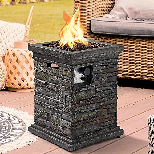 Ehomexpert Propane Fire Pit Column, Square 30000 BTU Outdoor Gas Fire Pit Table for Outdoor Garden Backyard Deck with Lave Rocks and PVC Weather Cover, CSA Certificationp