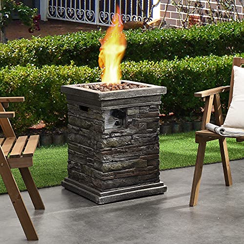 Ehomexpert Propane Fire Pit Column, Square 30000 BTU Outdoor Gas Fire Pit Table for Outdoor Garden Backyard Deck with Lave Rocks and PVC Weather Cover, CSA Certificationp