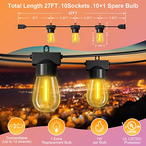 DREAMLAND Outdoor String Lights, 27FT Patio Lights with 11 S14 Shatterproof LED Bulbs(1 Spare), Waterproof Hanging Lights String for Outside Backyard, Deck, Porch, Garden, Party