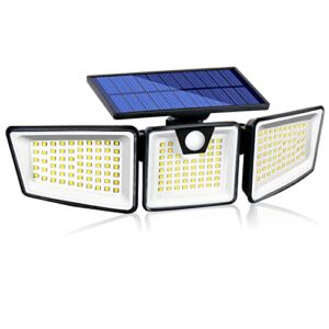 sparks fly solar motion sensor outdoor lights, 3 heads security lights solar powered, 3000lm solar lights, 180 led flood lights spotlight 270° rotatable ip65 waterproof for yard patio garden pathway