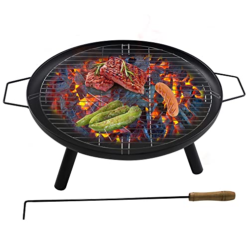 Koreyosh Fire Pit, 21'' Outdoor Patio Steel Fire Pit Wood Burning BBQ Grill Firepit Bowl with Round Mesh Spark Screen Cover Fire Poker for Backyard Garden Camping Picnic Beach Park (Round w/ Grill)