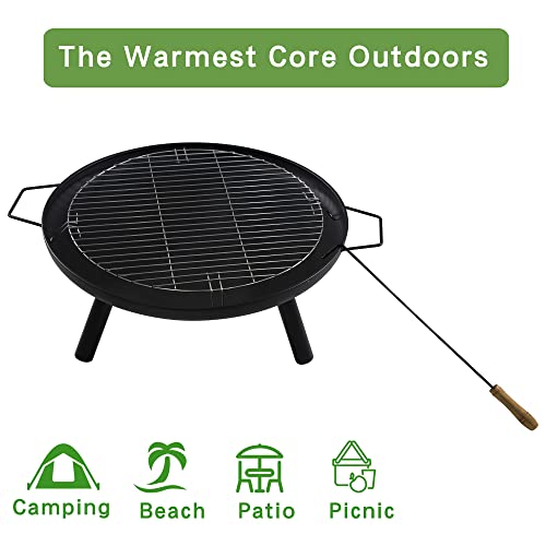 Koreyosh Fire Pit, 21'' Outdoor Patio Steel Fire Pit Wood Burning BBQ Grill Firepit Bowl with Round Mesh Spark Screen Cover Fire Poker for Backyard Garden Camping Picnic Beach Park (Round w/ Grill)