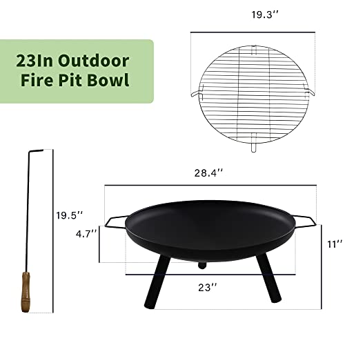 Koreyosh Fire Pit, 21'' Outdoor Patio Steel Fire Pit Wood Burning BBQ Grill Firepit Bowl with Round Mesh Spark Screen Cover Fire Poker for Backyard Garden Camping Picnic Beach Park (Round w/ Grill)