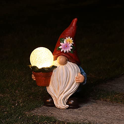 CANGYUANGE 11” Garden Gnome Statue Solar Decorations, Garden Decoration Outdoor Indoor Statue, Red Hat Big Dwarf Statue