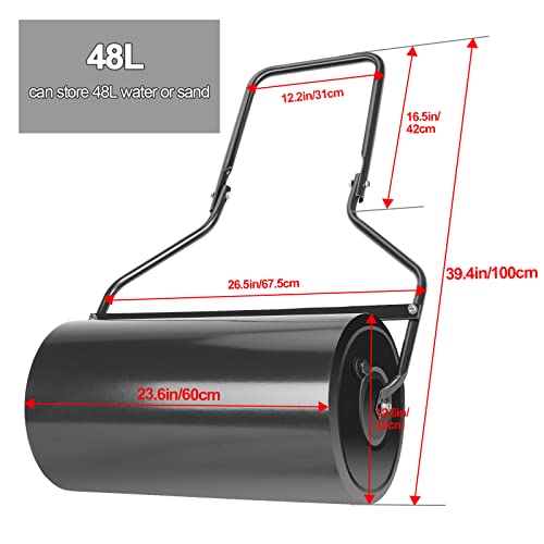 Rultyn Lawn Roller Push/Pull Steel Sod Roller 13 Gallons/48L Lawn Rollers Tow Behind Water Filled for Park, Garden, Yard, Ball Field (Black-24inch)