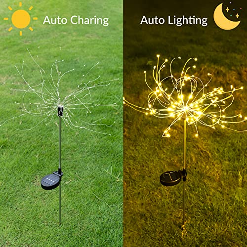 koopower 120 LED Outdoor Solar Firework Lights, Starburst Lights with IP65 Waterproof and Remote Control 8 Modes, Warm White Lights for Garden Backyard Parties Wedding [2 Pack]