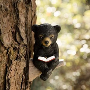 jarpsiry sitting bear tree hugger with solar led light, baby bear reading book garden statue, resin animal figurine outdoor decor, yard art sculpture for lawn, yard, patio, porch ornaments