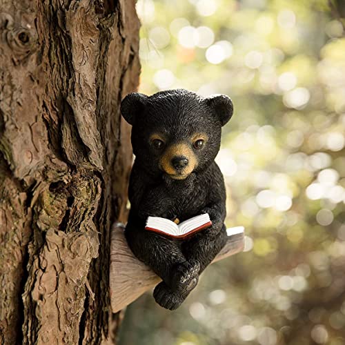 JARPSIRY Sitting Bear Tree Hugger with Solar LED Light, Baby Bear Reading Book Garden Statue, Resin Animal Figurine Outdoor Decor, Yard Art Sculpture for Lawn, Yard, Patio, Porch Ornaments