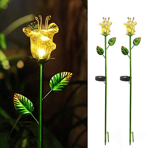 Joyathome Flower Solar Stake Lights Outdoor,2 Pack Solar Powered Metal Stake with Yellow Glass Lily Flower Decorative Lights, Waterproof Warm White LED Garden Lights for Backyard,Lawn