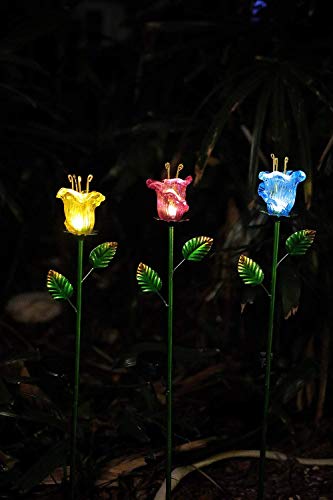 Joyathome Flower Solar Stake Lights Outdoor,2 Pack Solar Powered Metal Stake with Yellow Glass Lily Flower Decorative Lights, Waterproof Warm White LED Garden Lights for Backyard,Lawn