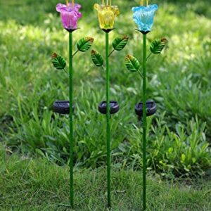 Joyathome Flower Solar Stake Lights Outdoor,2 Pack Solar Powered Metal Stake with Yellow Glass Lily Flower Decorative Lights, Waterproof Warm White LED Garden Lights for Backyard,Lawn