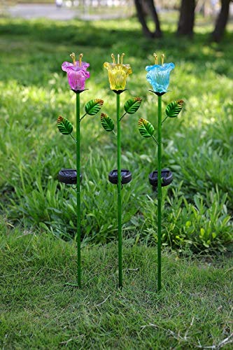 Joyathome Flower Solar Stake Lights Outdoor,2 Pack Solar Powered Metal Stake with Yellow Glass Lily Flower Decorative Lights, Waterproof Warm White LED Garden Lights for Backyard,Lawn