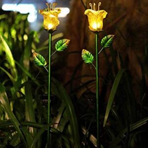 Joyathome Flower Solar Stake Lights Outdoor,2 Pack Solar Powered Metal Stake with Yellow Glass Lily Flower Decorative Lights, Waterproof Warm White LED Garden Lights for Backyard,Lawn