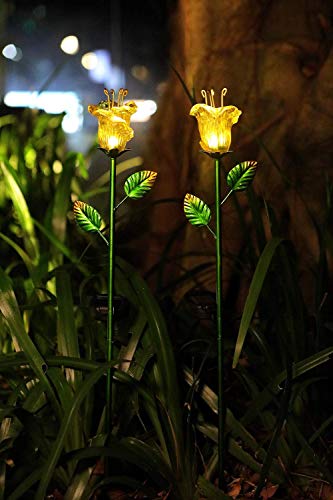 Joyathome Flower Solar Stake Lights Outdoor,2 Pack Solar Powered Metal Stake with Yellow Glass Lily Flower Decorative Lights, Waterproof Warm White LED Garden Lights for Backyard,Lawn