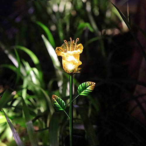 Joyathome Flower Solar Stake Lights Outdoor,2 Pack Solar Powered Metal Stake with Yellow Glass Lily Flower Decorative Lights, Waterproof Warm White LED Garden Lights for Backyard,Lawn