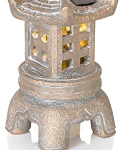 Red Co. 11” Solar-Powered LED Square Pagoda Lantern Asian Décor Zen Garden Statue, Distressed Gold