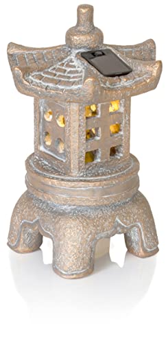 Red Co. 11” Solar-Powered LED Square Pagoda Lantern Asian Décor Zen Garden Statue, Distressed Gold