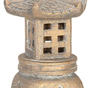 Red Co. 11” Solar-Powered LED Square Pagoda Lantern Asian Décor Zen Garden Statue, Distressed Gold