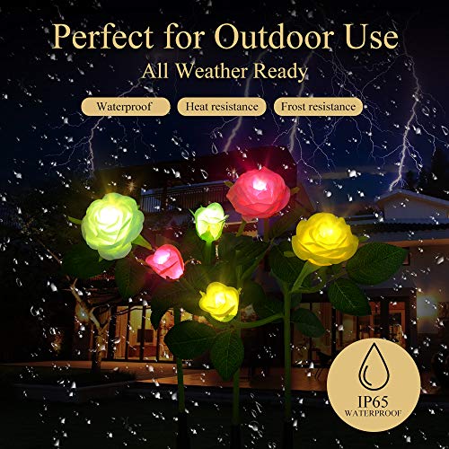 CCJK Solar Flower Lights, Outdoor Decorative Rose Flowers LED Lights,3 Pack Waterproof Solar Stake Lights with 6 Roses Flowers for Garden Yard Patio Lawn Decoration (White, Pink and Yellow)