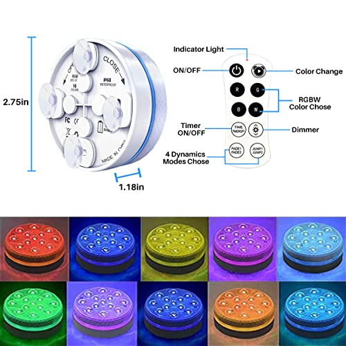 Pool Lights for Above Ground Pools 4 Packs, Submersible LED Lights RGB Color Changing Dimmable Underwater Pool Lights with Suction Cups RF Remote, for Pond Fountain Aquariums Vase Garden Party