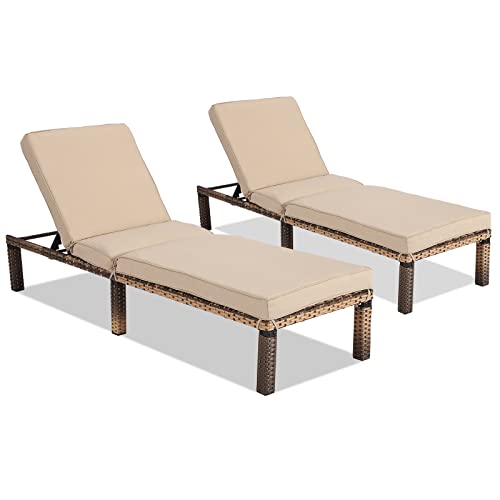 Aoboco Haverchair Patio Furniture Outdoor Rattan Wicker Adjustable Back Chaise Lounge with Removable Cushions for Poolside Set of 2