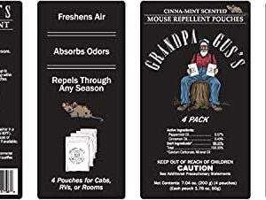 Grandpa Gus's Extra-Strength Mouse Repellent, Cinnamon/Peppermint Oils Repel Mice from Nesting & Freshen Air in Car/RV/Boat/Garage/Shed/Cabin, 1.75 Oz (4 Pouches)