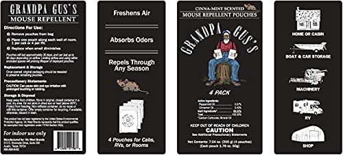 Grandpa Gus's Extra-Strength Mouse Repellent, Cinnamon/Peppermint Oils Repel Mice from Nesting & Freshen Air in Car/RV/Boat/Garage/Shed/Cabin, 1.75 Oz (4 Pouches)