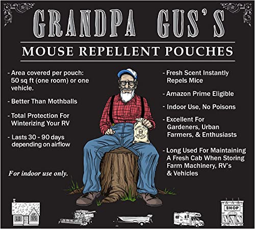 Grandpa Gus's Extra-Strength Mouse Repellent, Cinnamon/Peppermint Oils Repel Mice from Nesting & Freshen Air in Car/RV/Boat/Garage/Shed/Cabin, 1.75 Oz (4 Pouches)