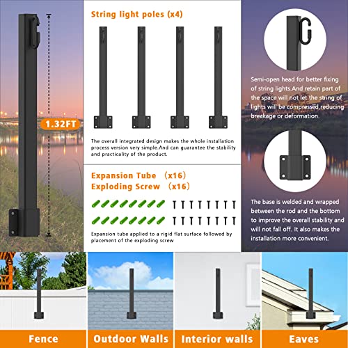 AILBTON 4 Pack 1.3 Ft Suspension Outdoor String Light Poles,Light Poles for Outside String Lights Hanging,with Clip and Holder,Light Post Mounting Stand for Patio Fence Wall Garden Backyard Deck