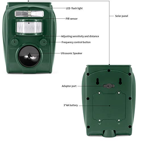 VEGFEST Solar Ultrasonic Animal Repeller.Cat Repellent Outdoor. Motion Activated and Blinking LED Light Siren Mosquito Repellent for Deer, Bird, Cat ,Dog,Raccoon, Skunk, Squirrel, Rabbit, etc Green