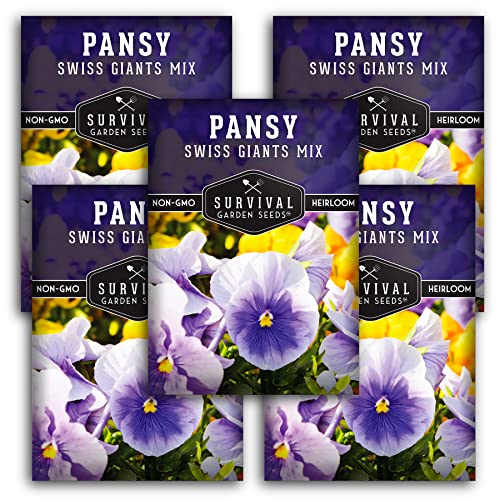 Survival Garden Seeds - Swiss Giant Mix Pansy Seed for Planting - 5 Packs with Instructions to Plant and Grow Beautiful and Edible Pansies in Your Home Vegetable Garden - Non-GMO Heirloom Variety