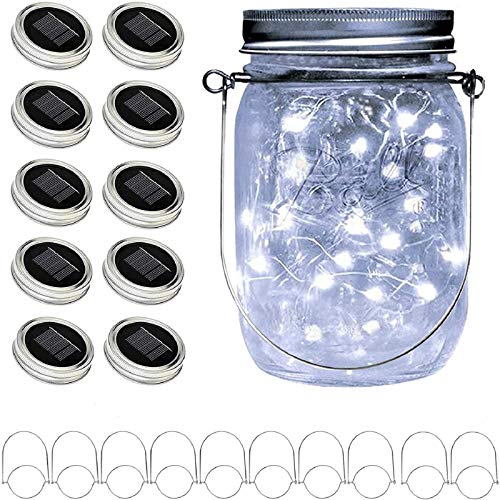 ANGMLN Upgraded Solar Mason Jar Lid Lights, 10 Pack 30 LED Fairy Star Firefly String Lids Lights Including (10 pcs Hangers),for Wedding Patio Garden Party Decorations (No Jars)